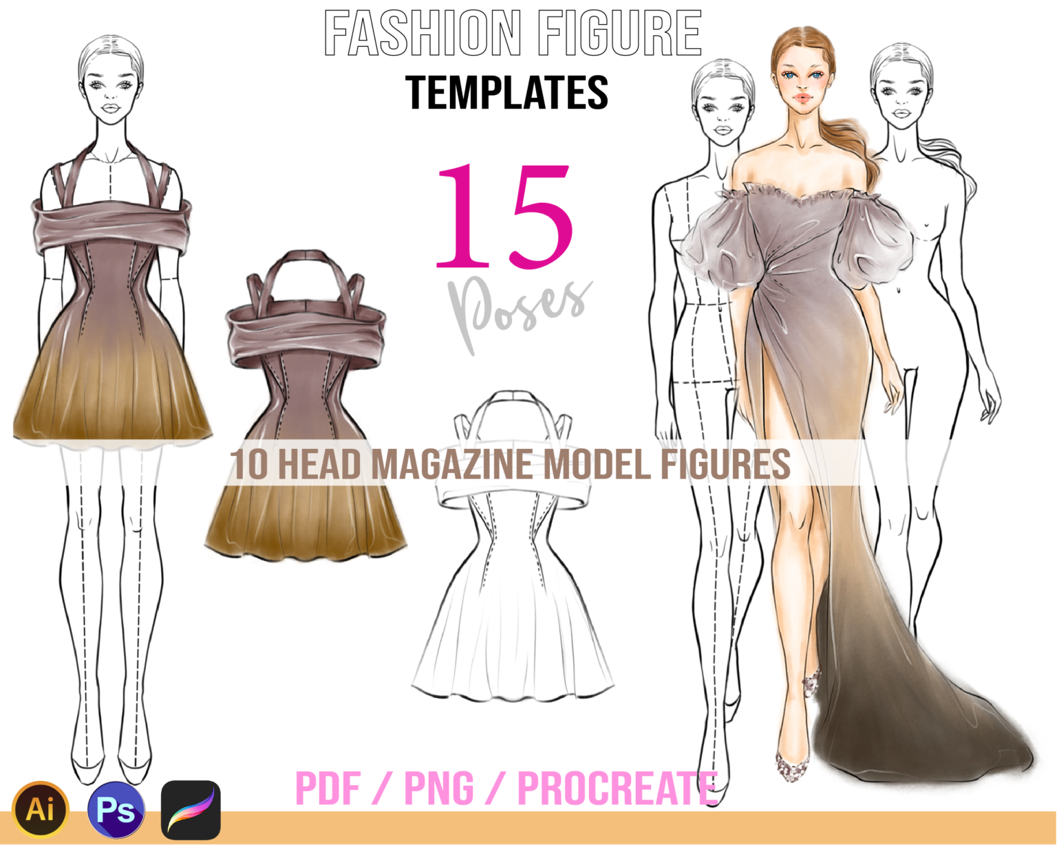 Digital 10 Head Fashion Figure Templates. 15 Poses. PDF Printable, PNG ...