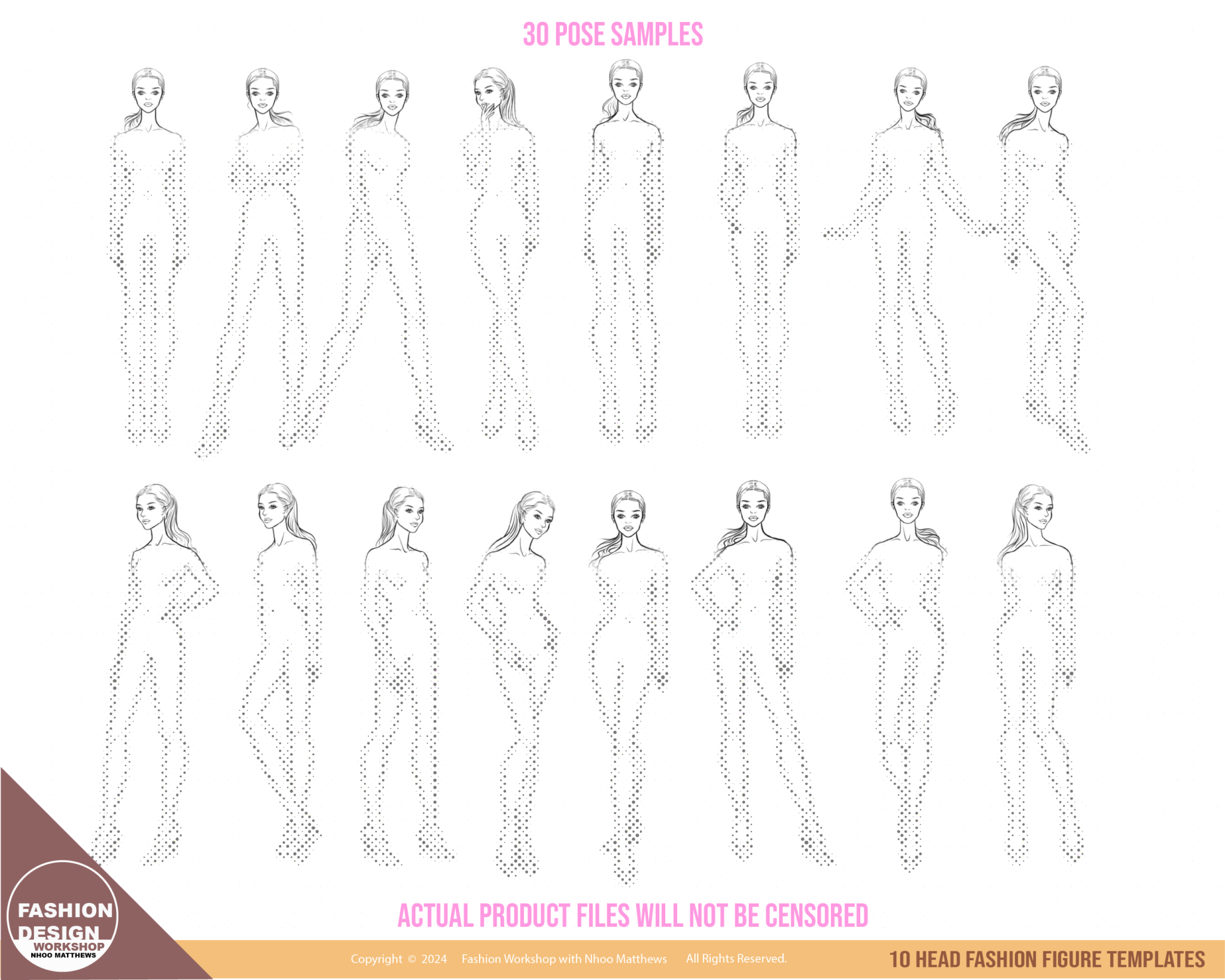 Digital 10 Head Fashion Figure Templates. 30 Poses. PDF Printable, PNG ...