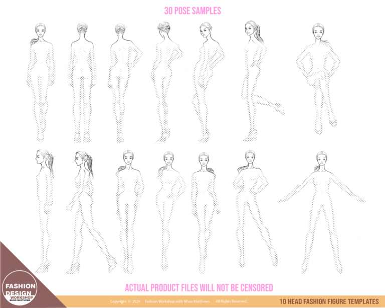 Digital 10 Head Fashion Figure Templates. 30 Poses. PDF Printable, PNG ...
