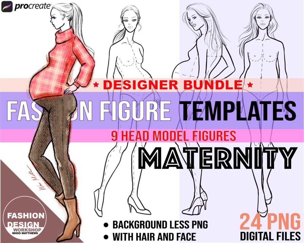 Maternity Fashion Figure Templates: Designer Poses, 9 Head Model, 8 ...